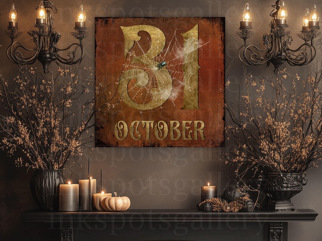 October 31 Halloween Sign Vintage Style Fall Decoration Spider Print ...