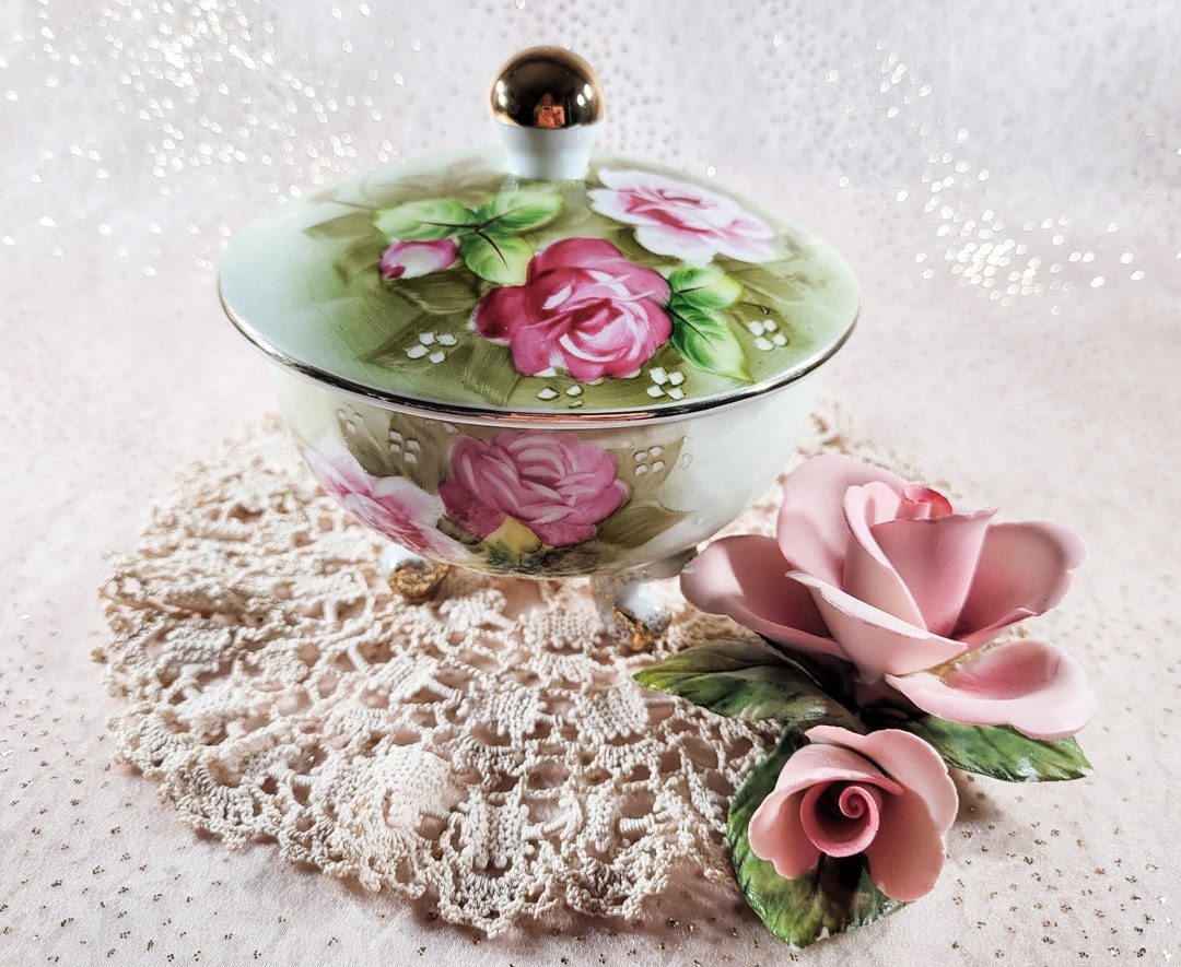 Lefton Covered Candy Dish Heritage Green Rose Hand Painted - Etsy
