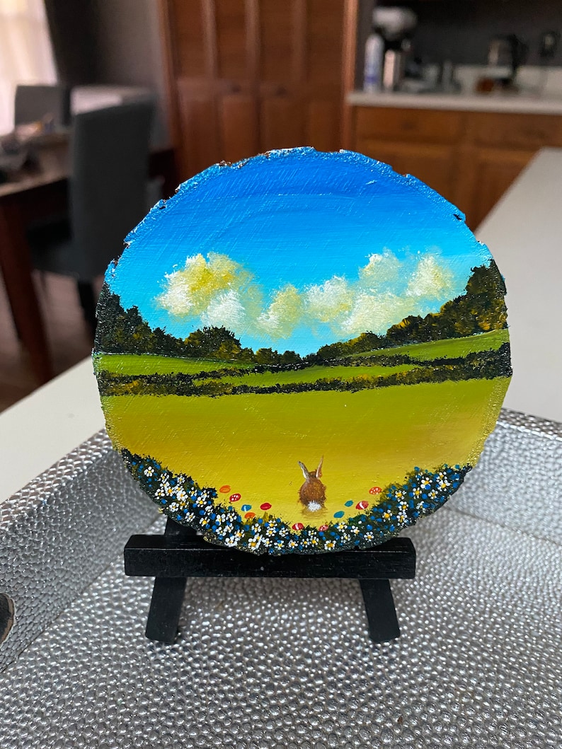Acrylic Easter Bunny Eggs Landscape Painting on WOOD SLICE by HYMES - Etsy
