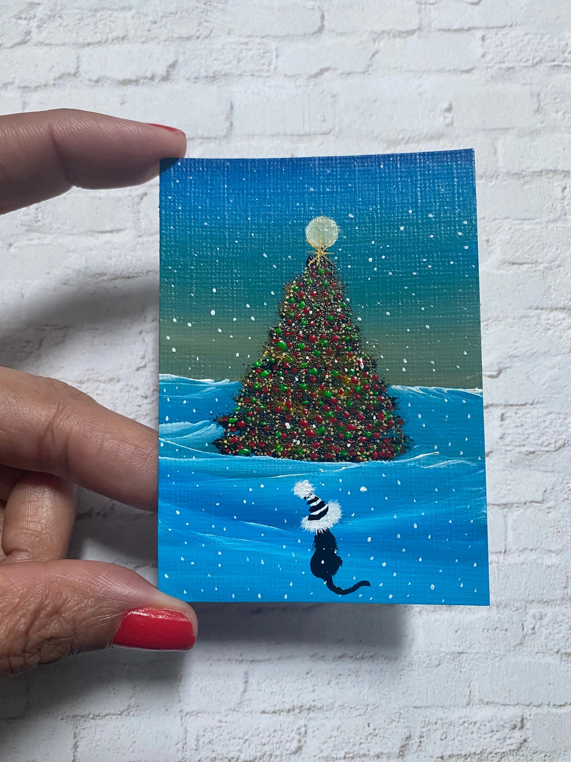 ACEO ORIGINAL Christmas Tree Black Cat WOLLY Hat Snow Holiday Art ...