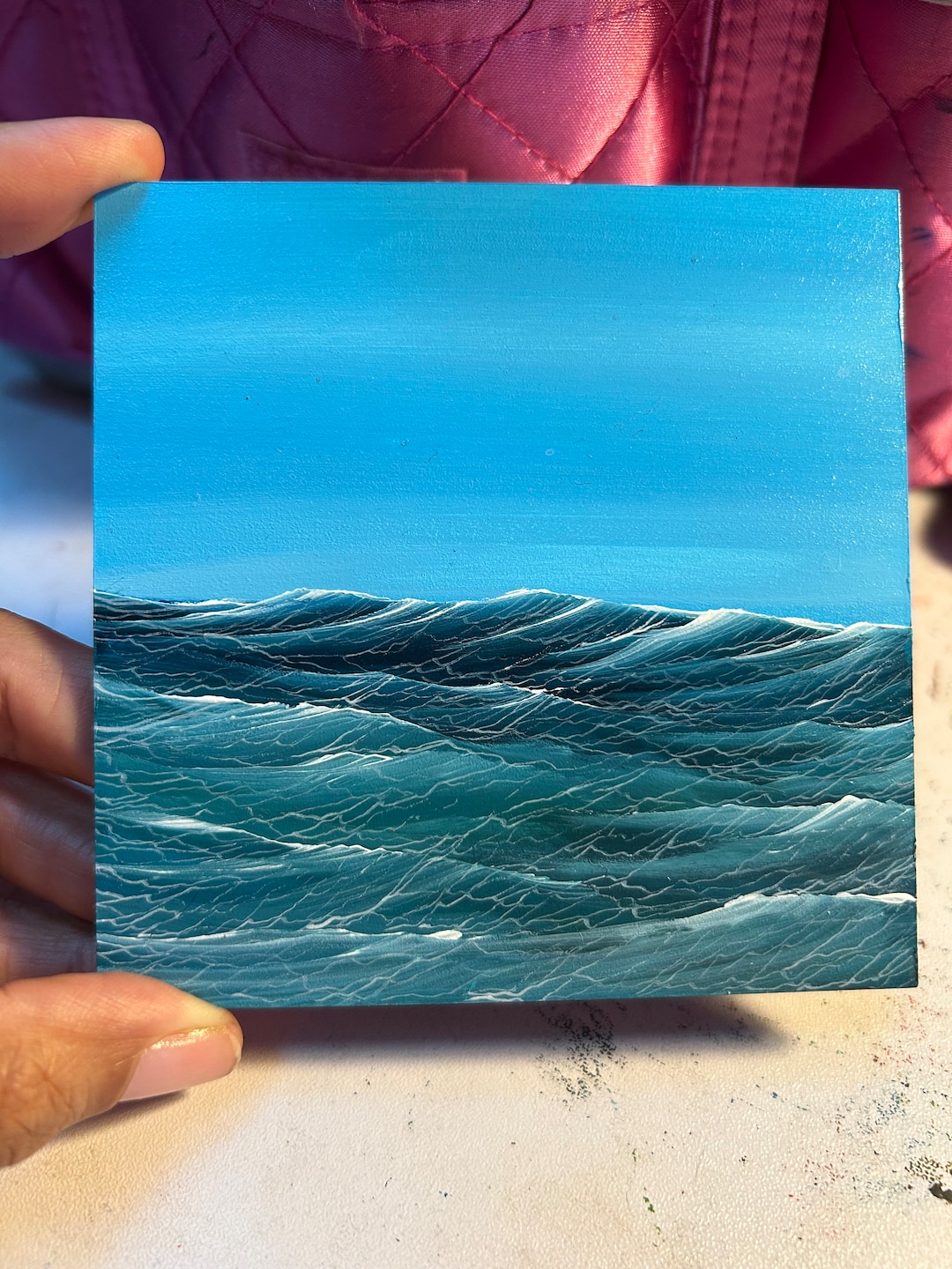 ORIGINAL Acrylic Seascape Choppy Waves Painting on Gesso Board Mini Art ...