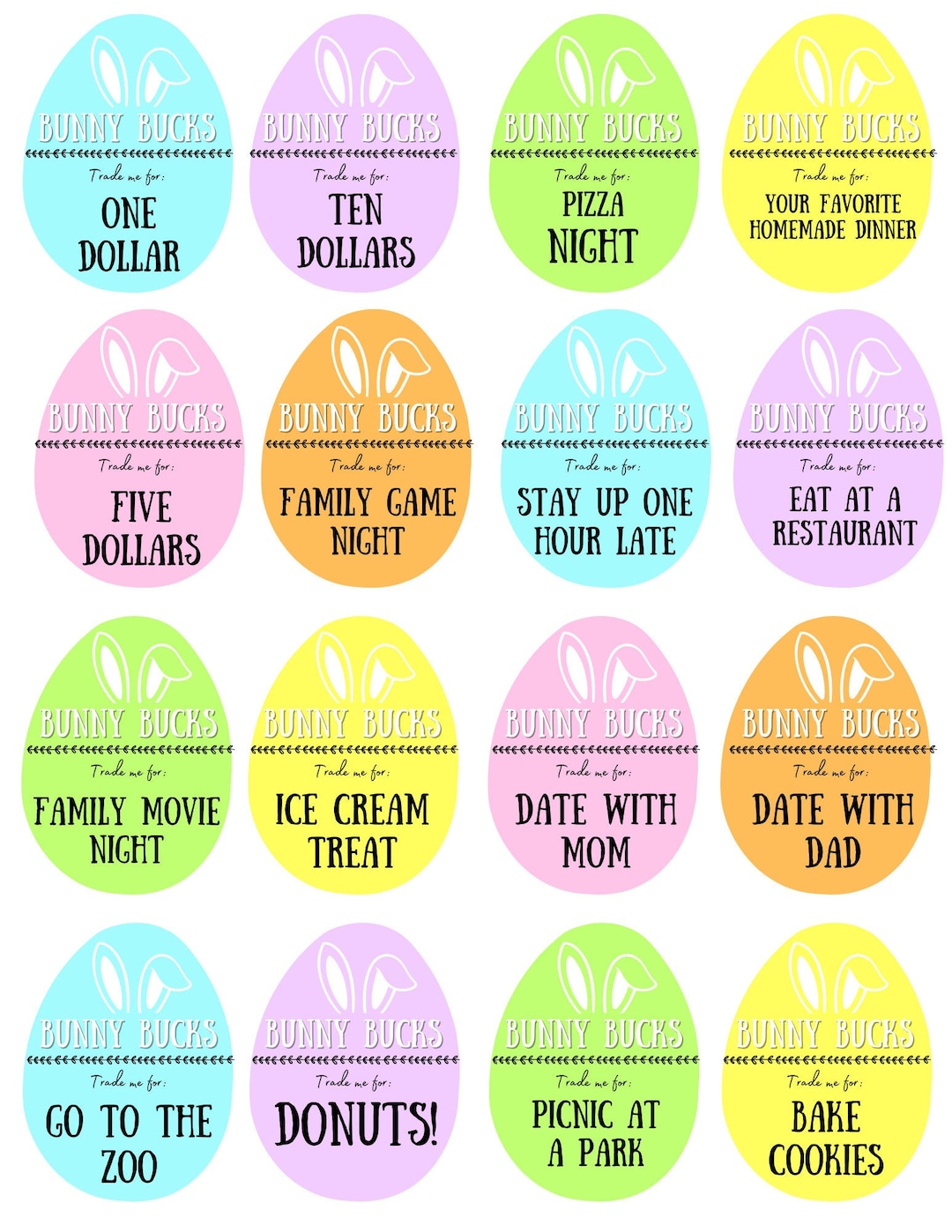Printable: Bunny Bucks Easter Egg Stuffers Reward Cards - Etsy