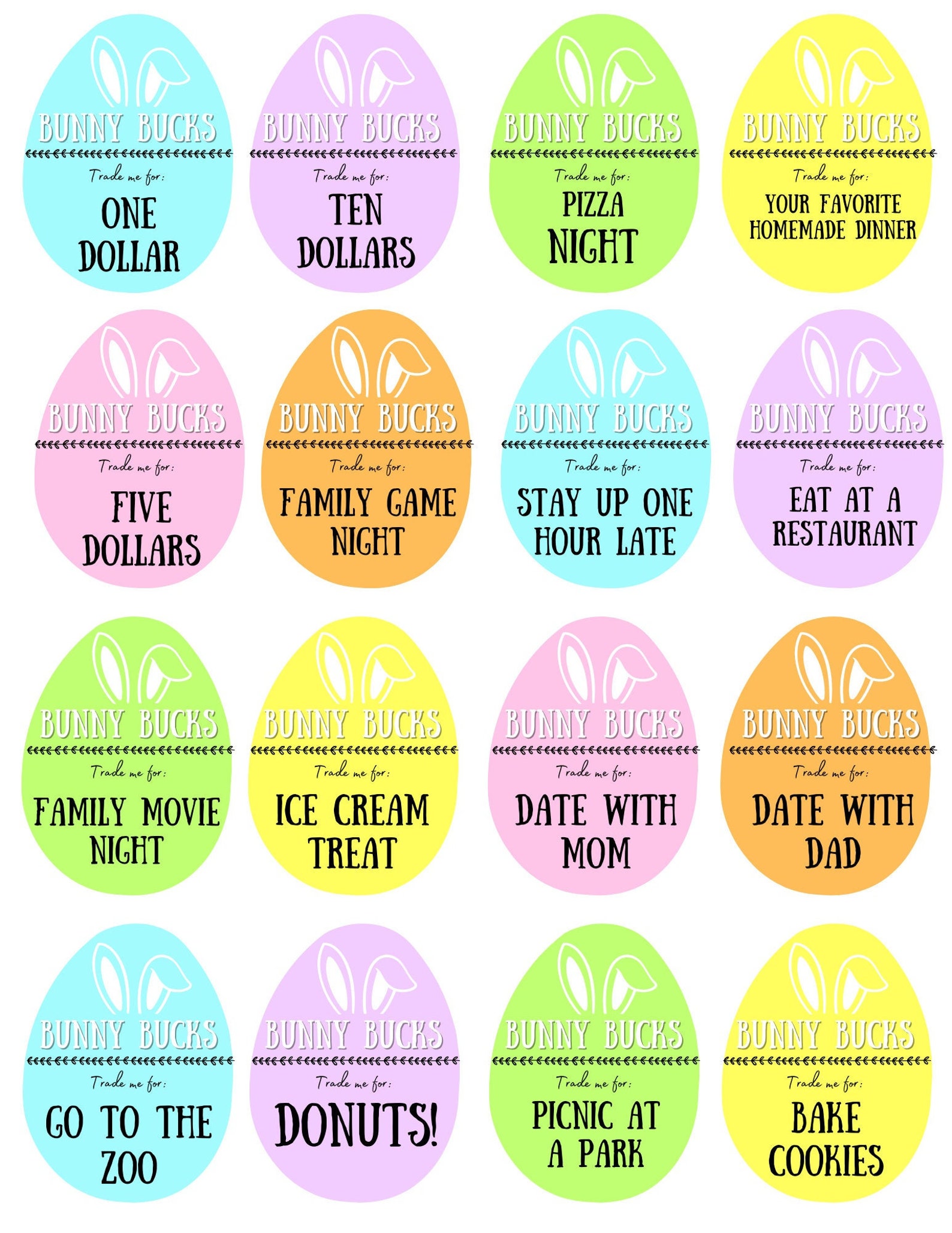 Printable: Bunny Bucks Easter Egg Stuffers Reward Cards - Etsy