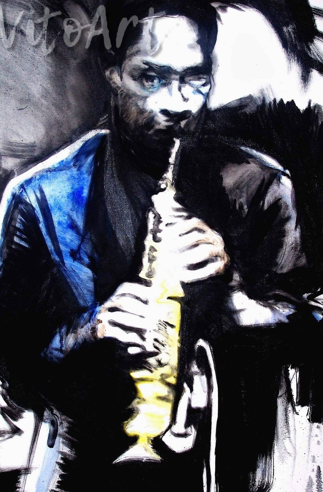 John Coltrane Art Print Jazz Portrait Saxophone Clarinet Blue ...