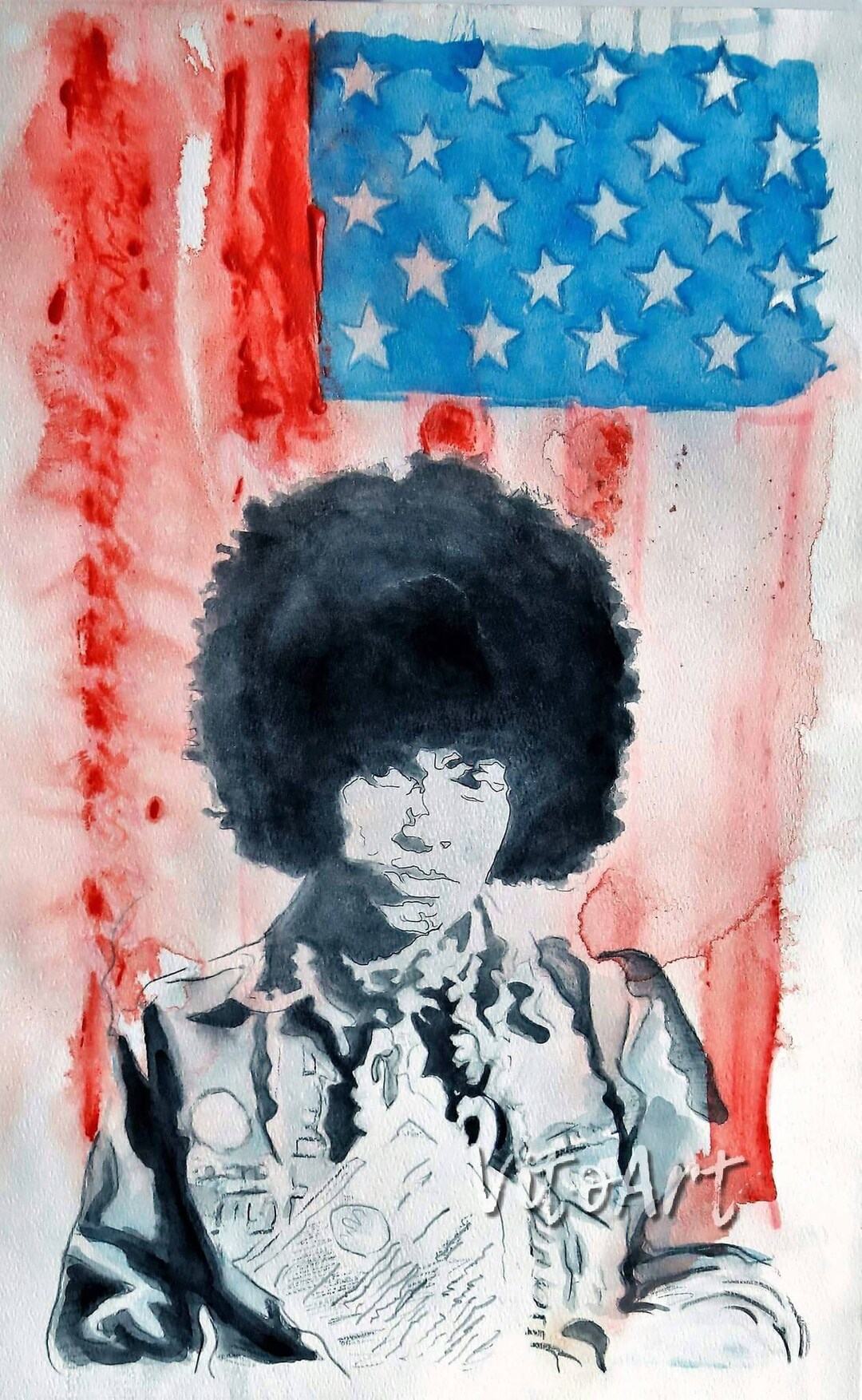 Angela Davis Portrait Print African American Activist American Flag ...