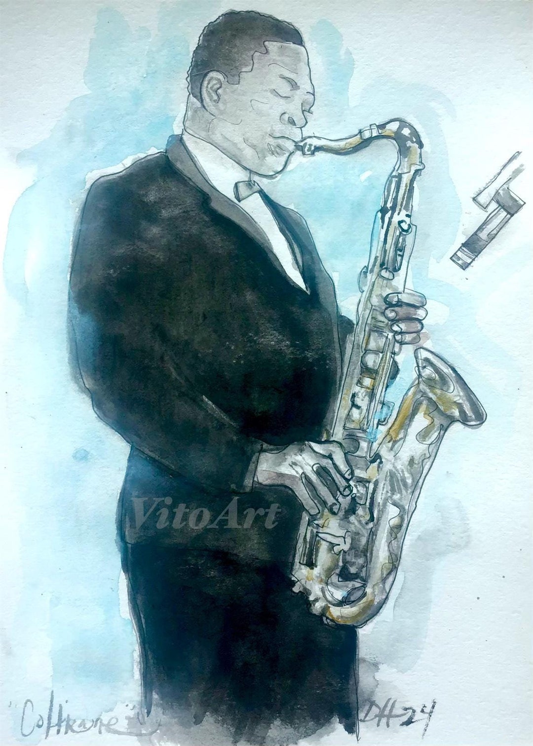 John Coltrane Art Print Jazz Gold Saxophone Watercolor Ink Portrait ...