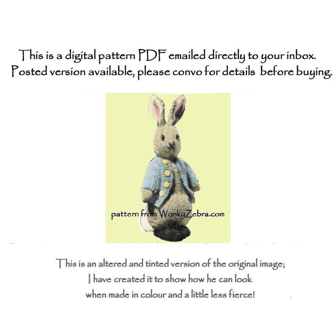 Vintage Rabbit Toy Knitting Pattern Bunny Peter Rabbit With Chart ...