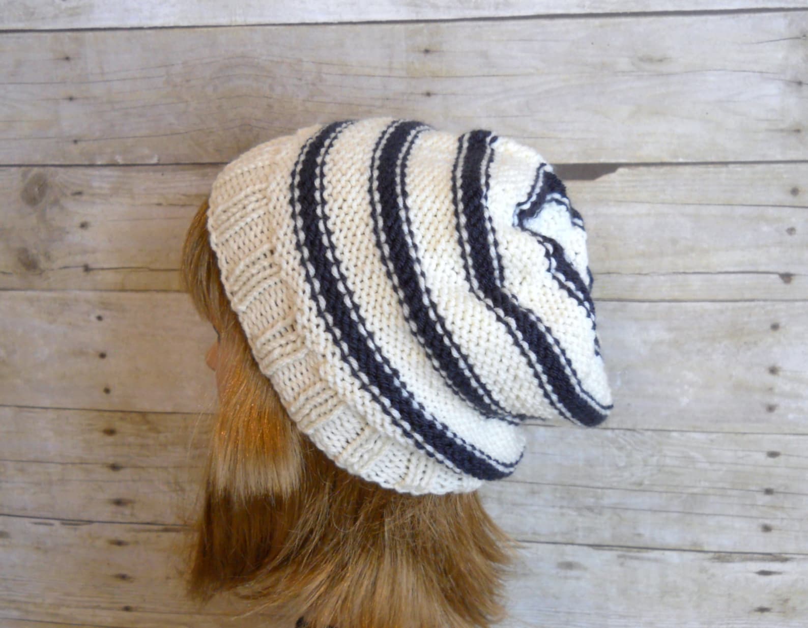 Ticking Stripe Beanie, Navy Striped Hat, Winter White Hat With Navy ...