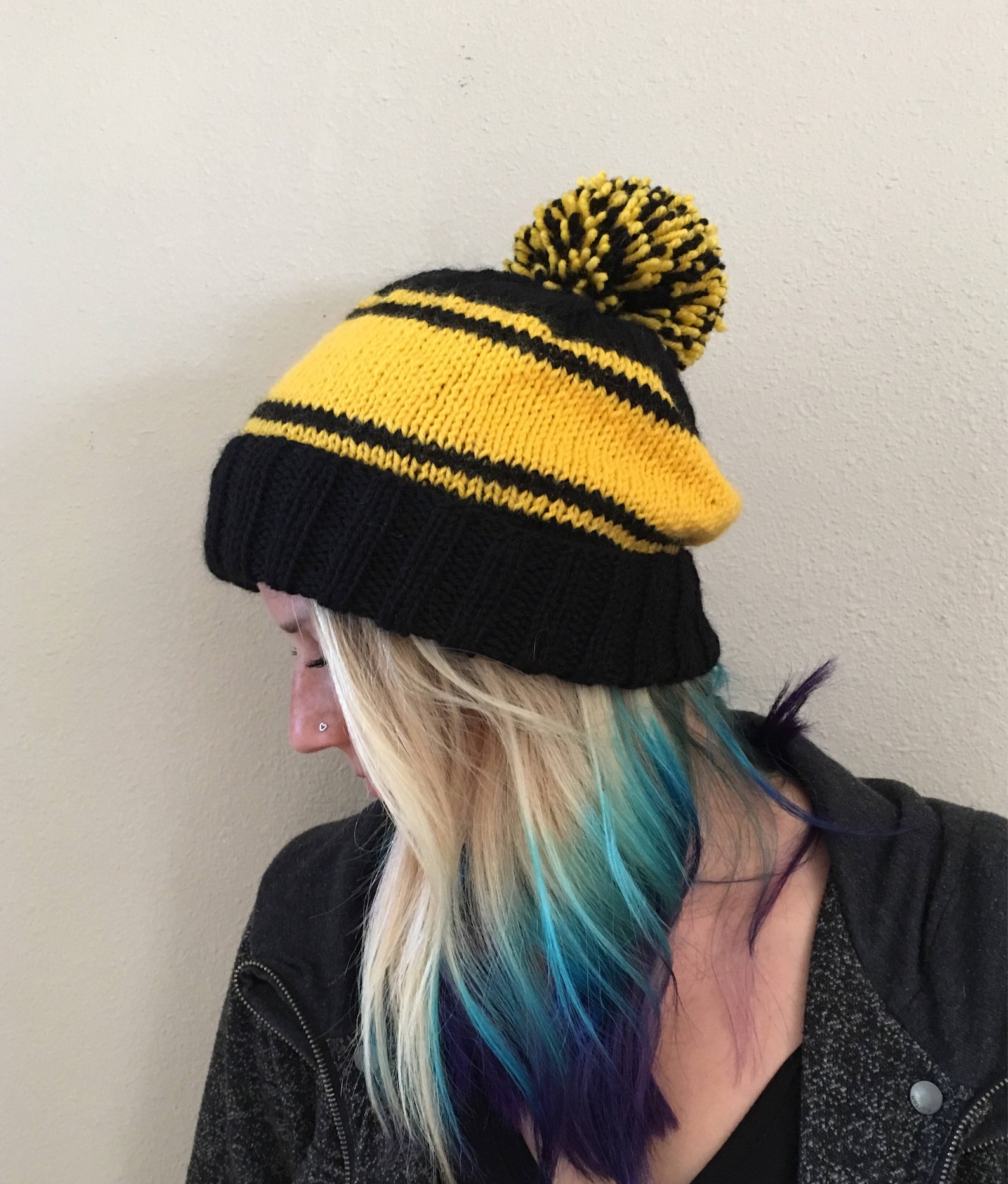 Instant Download Knitting Pattern, Old School Striped Pom Pom Beanie ...