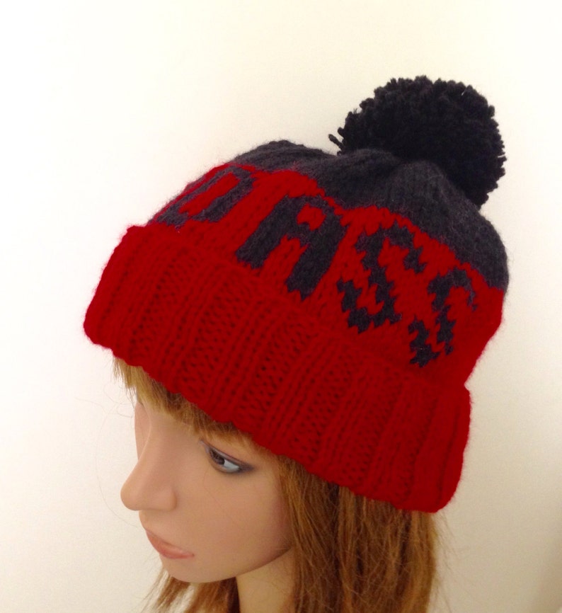 MATURE Red and Black Pom Pom Beanie Bad Ass Beanie Ski Hat | Etsy