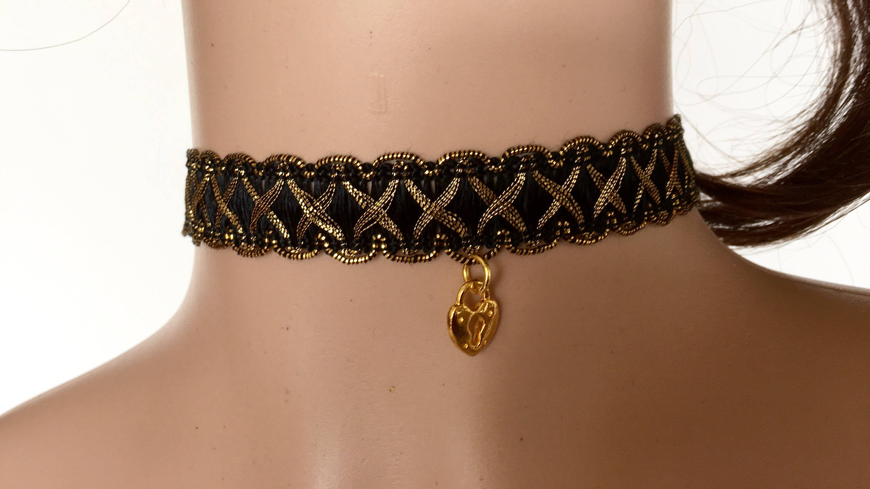 Gold and Black Ribbon Choker Necklace with Heart Lock Charm | Etsy