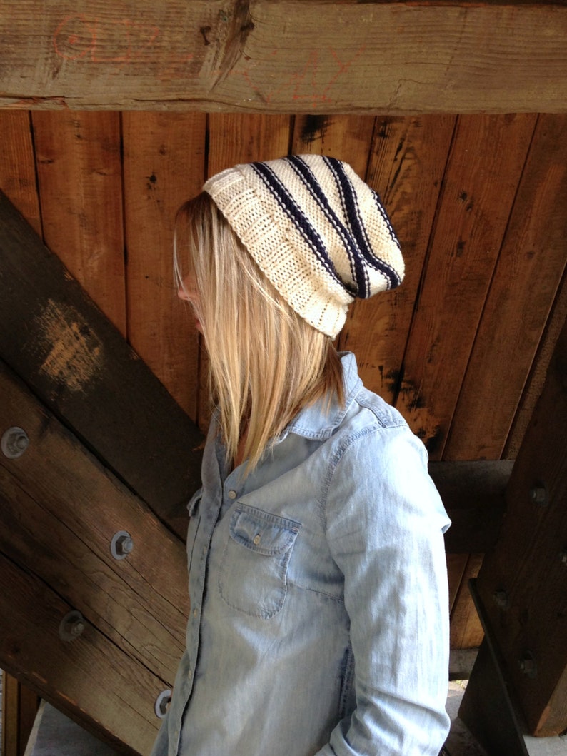 Ticking Stripe Beanie Navy Striped Hat Winter White Hat with | Etsy