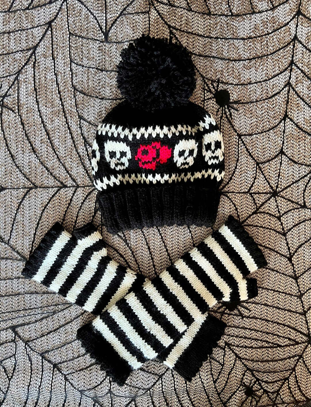 Hand Knit Skulls & Roses Beanie With Striped Fingerless Mitts Set - Etsy