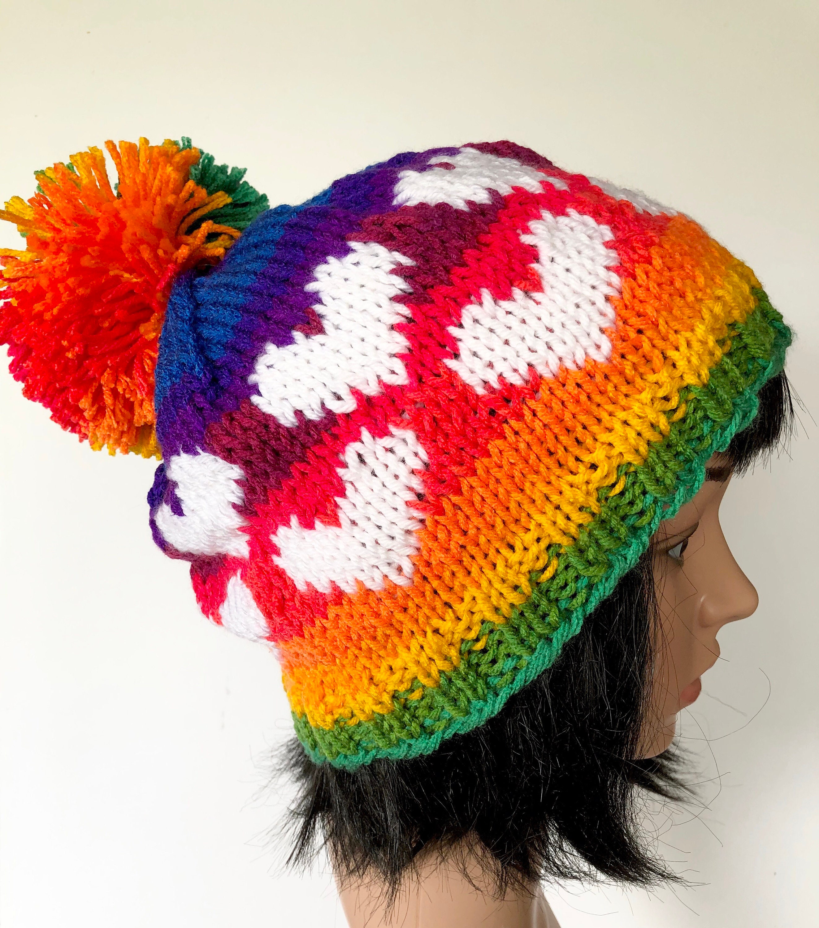 Rainbow Hat With White Hearts, Hand Knit Winter Hat in Rainbow Colors ...