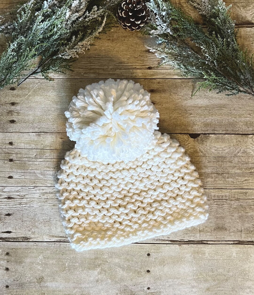 Snowball Beanie, Snow White Chunky Hand Knit Winter Hat With Large ...