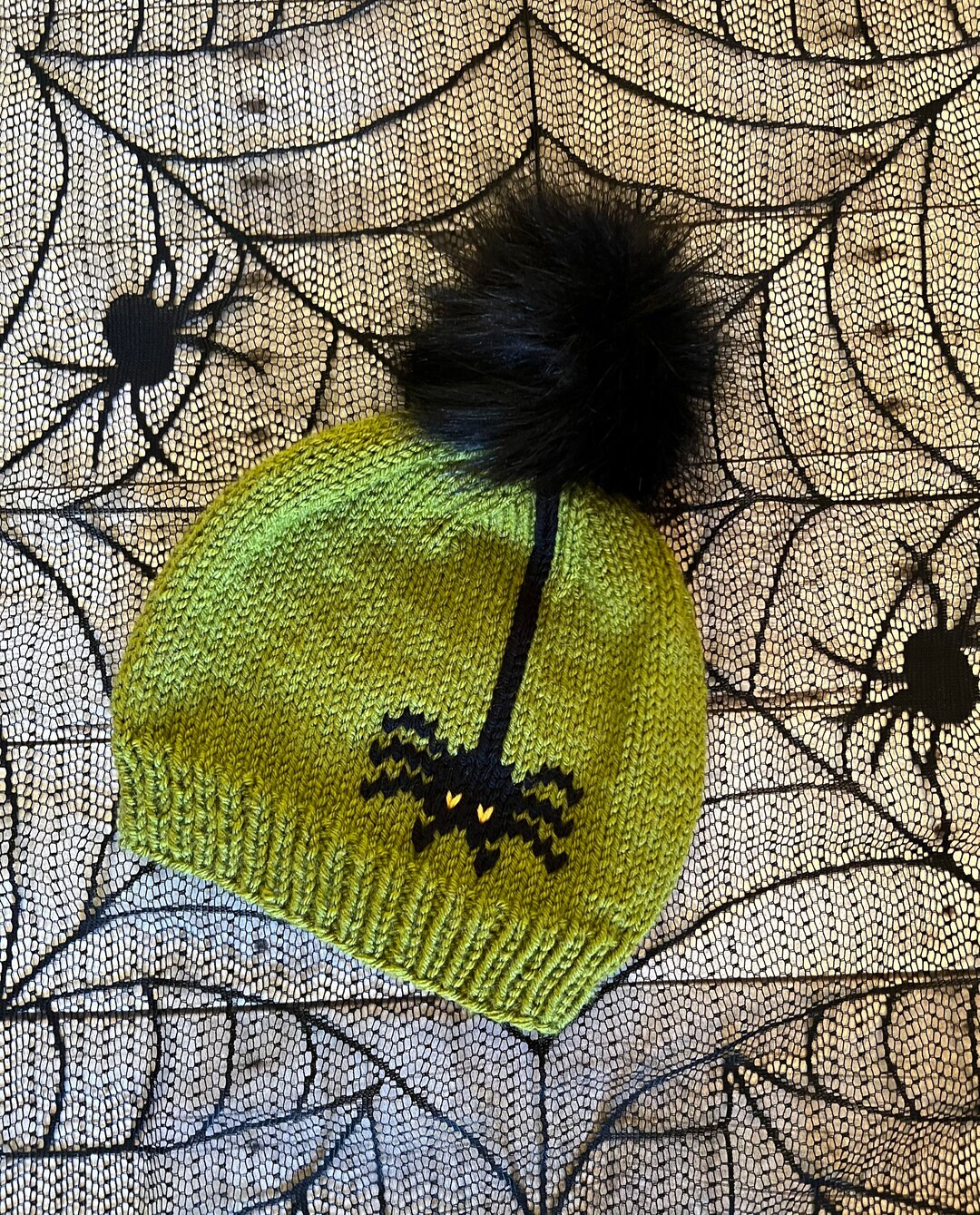 Hand Knit Spider Beanie: Arachnophile Hat With Black Faux Fur Pom - Etsy