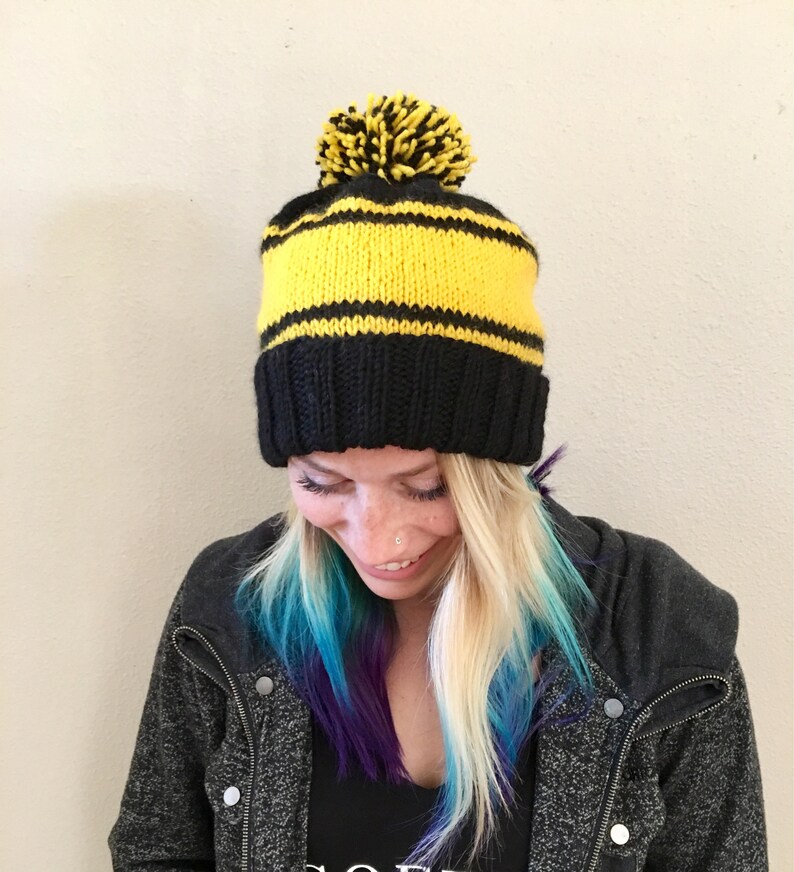 Instant Download Knitting Pattern, Old School Striped Pom Pom Beanie ...