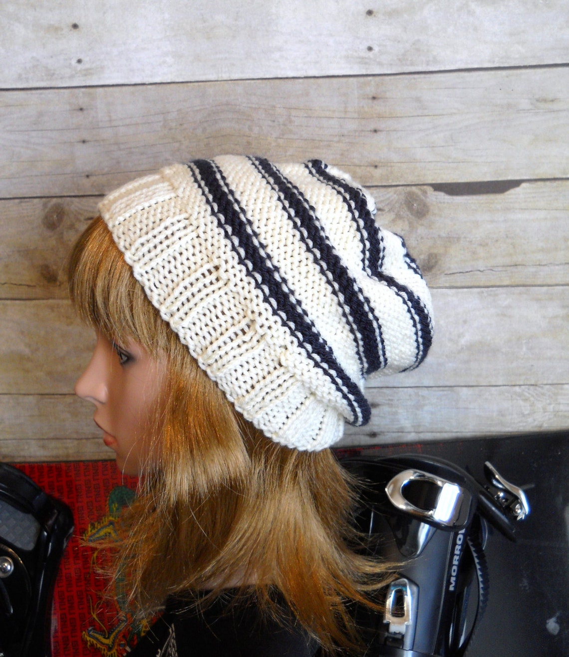 Ticking Stripe Beanie Navy Striped Hat Winter White Hat with | Etsy