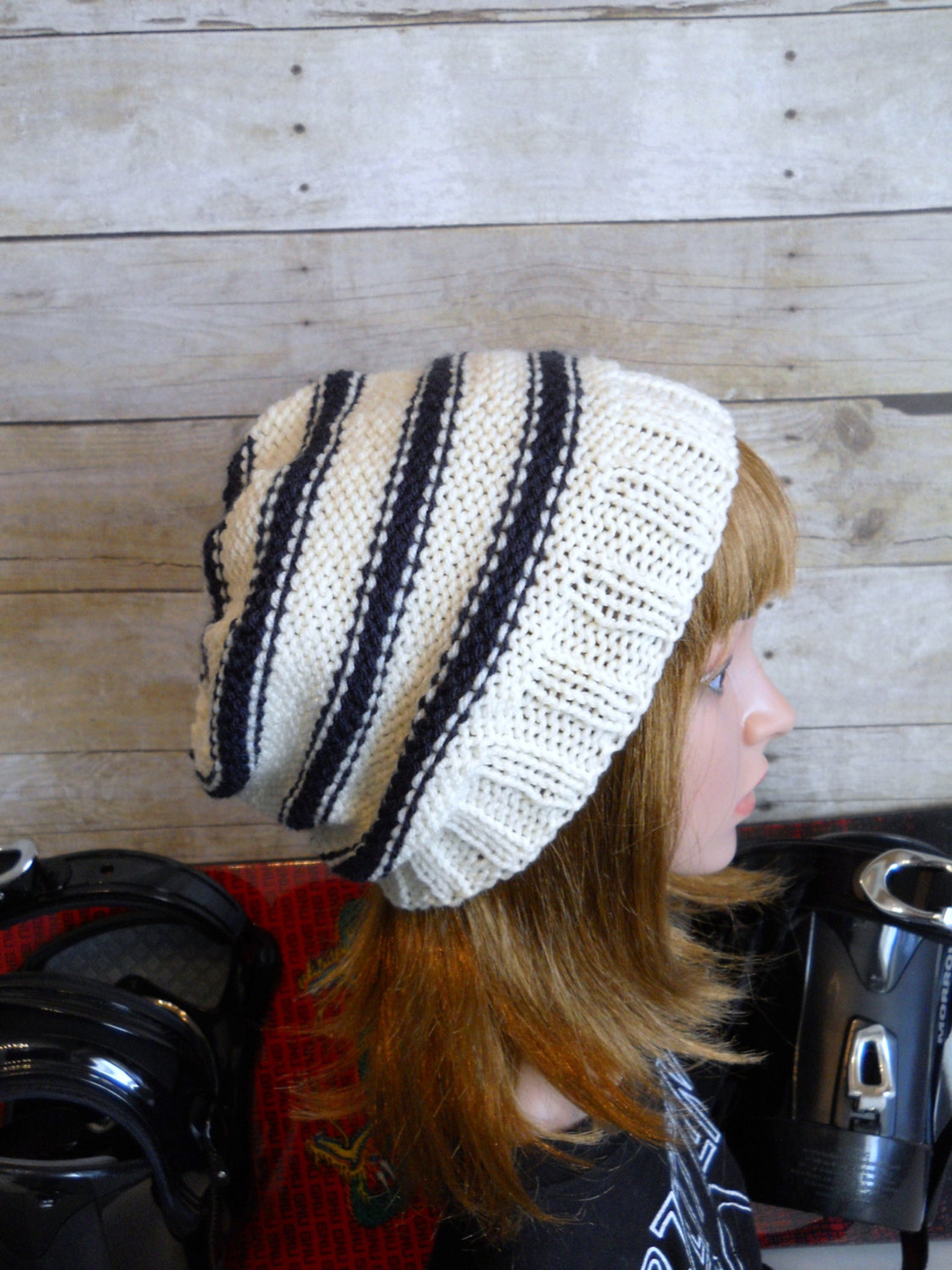 Ticking Stripe Beanie, Navy Striped Hat, Winter White Hat With Navy ...