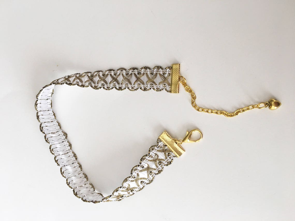 Gold and White Ribbon Choker Necklace, Boho Choker, Festival Jewelry ...