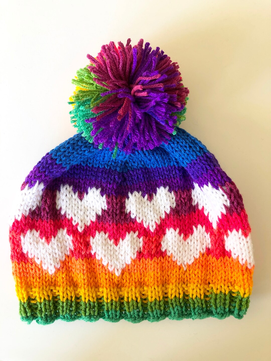 Rainbow Hat With White Hearts, Hand Knit Winter Hat in Rainbow Colors ...