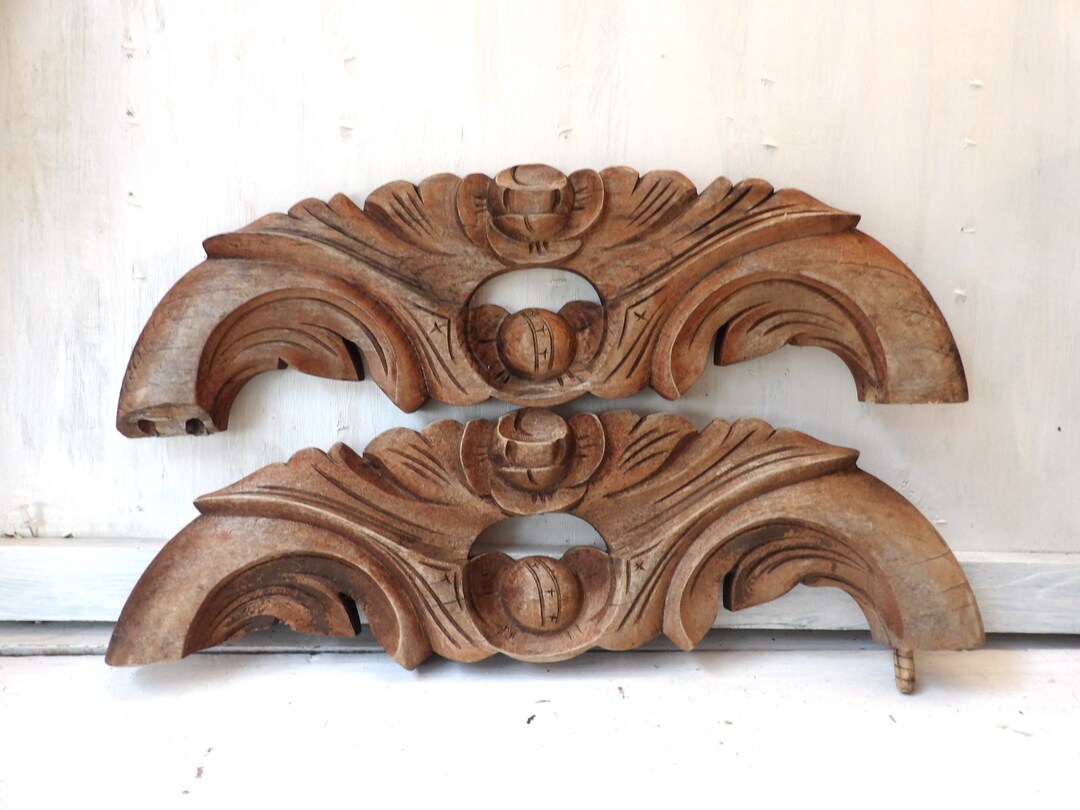 2 Antique Shabby Wooden Chair Rail Pieces , Carved Wood Furniture ...