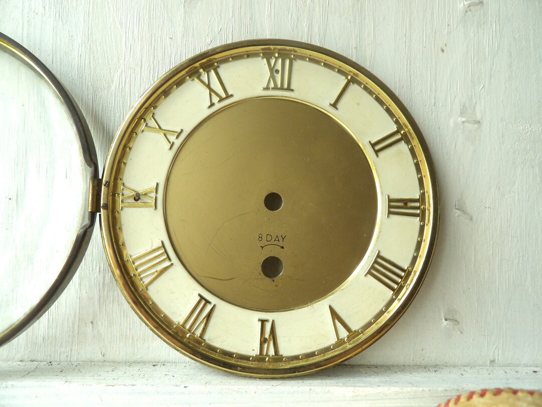 Shabby Vintage Metal Clock Face With Bezel Glass Door , Brass Goldtone ...