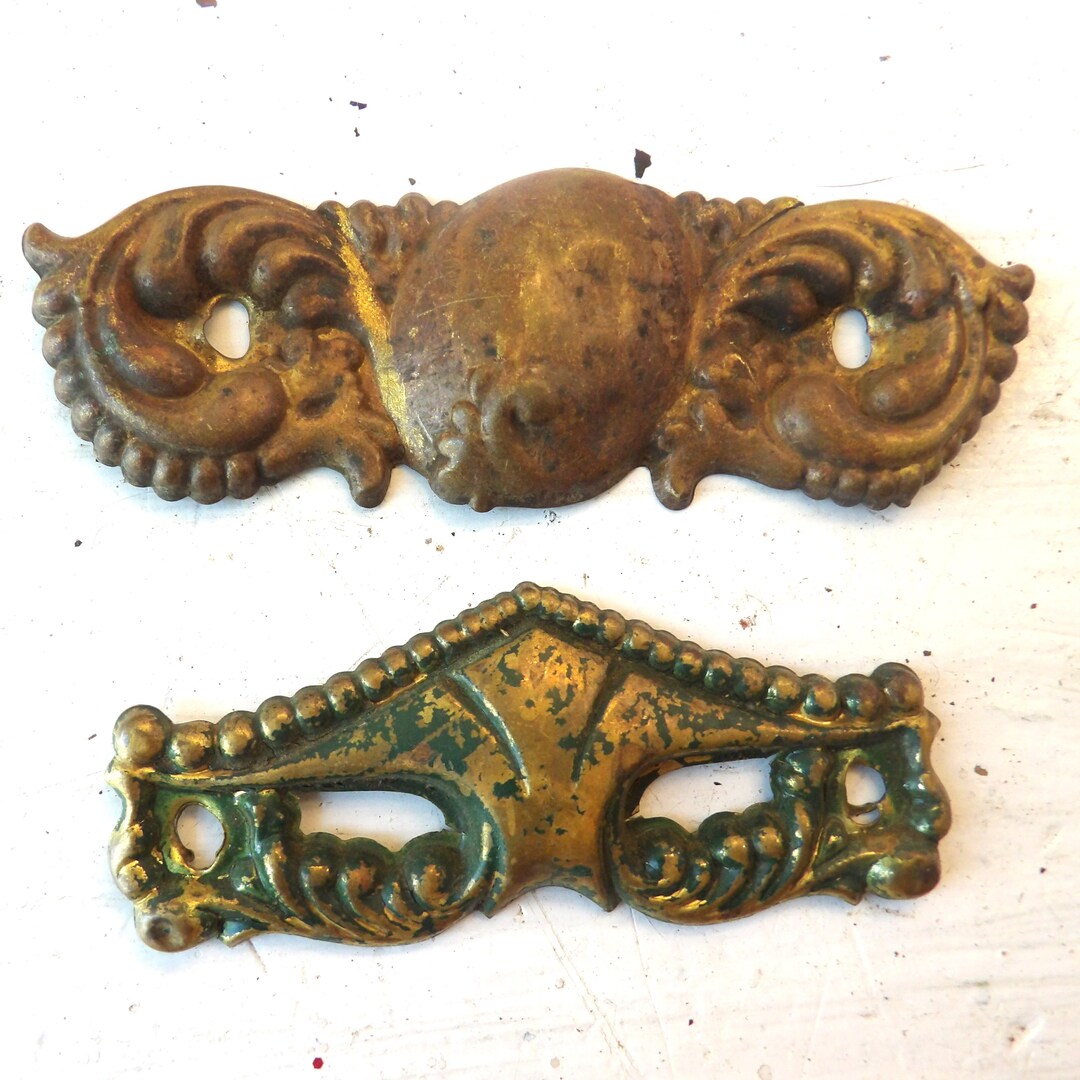 2 Antique Pull Handle Back Plates Backplates , Stamped Pressed Brass ...