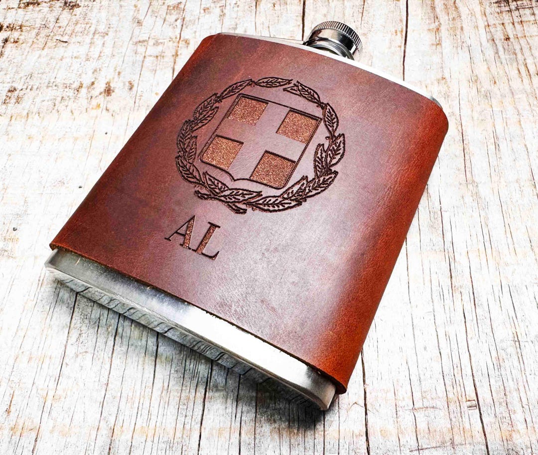 Leather Flasks Custom Engraved Premium Cowboy Leather Stainless Steel 7 ...