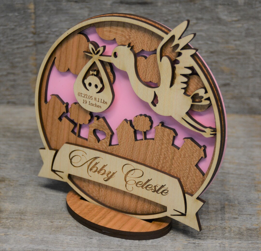 Baby Birth Stork Announcement Engraved and Cut From Cherry - Etsy