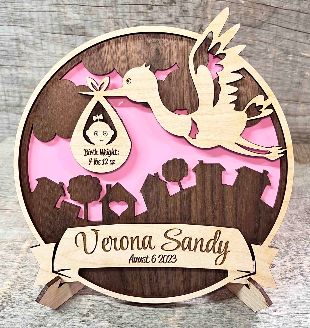 Baby Birth Stork Announcement - Engraved and Cut From Maple and Walnut ...