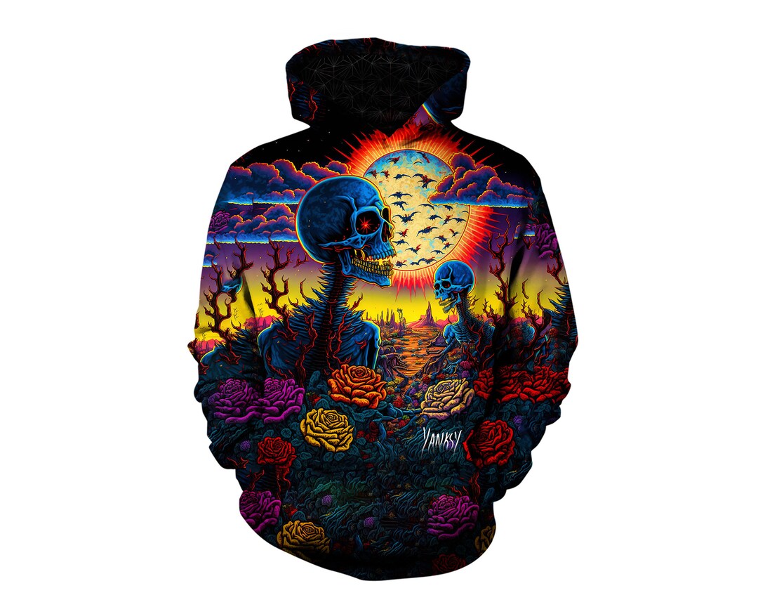 Trippy Skeleton Art Graphic Hoodies Psychedelic Hoodies Skull and Roses ...