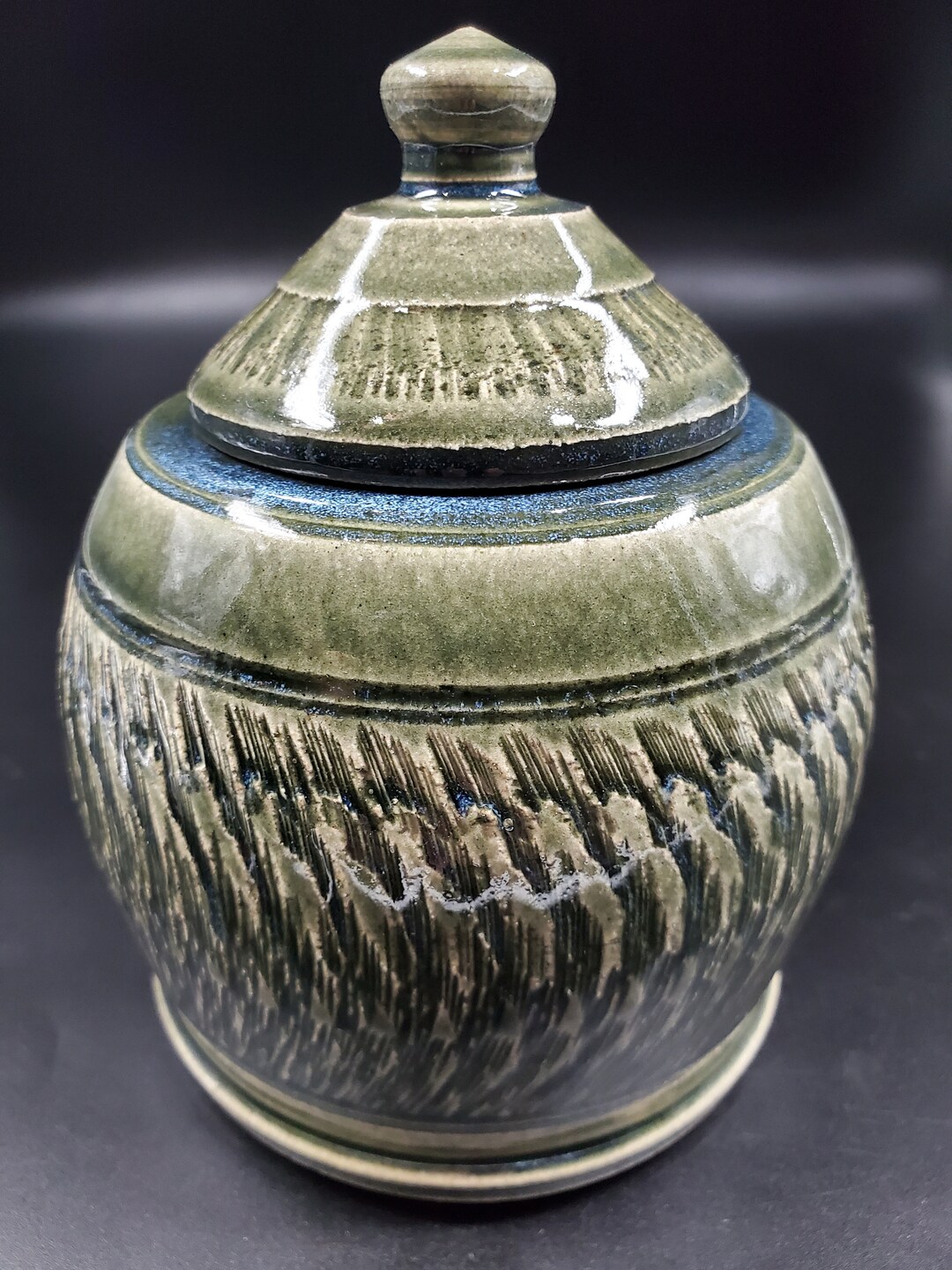 Lidded Pottery Jar, Beautiful Glossy Green Glazed Vessel With Blue ...