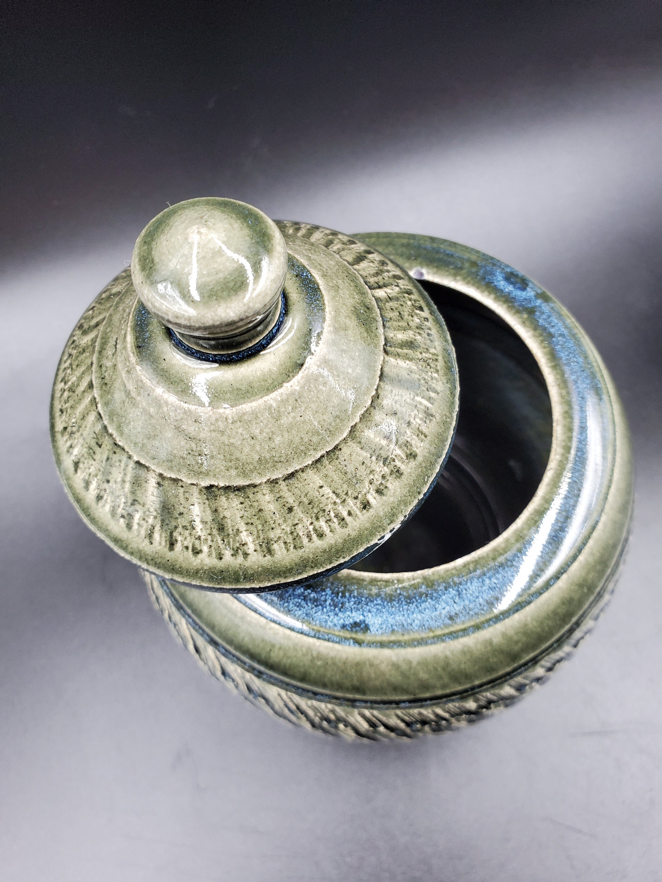 Lidded Pottery Jar, Beautiful Glossy Green Glazed Vessel With Blue ...