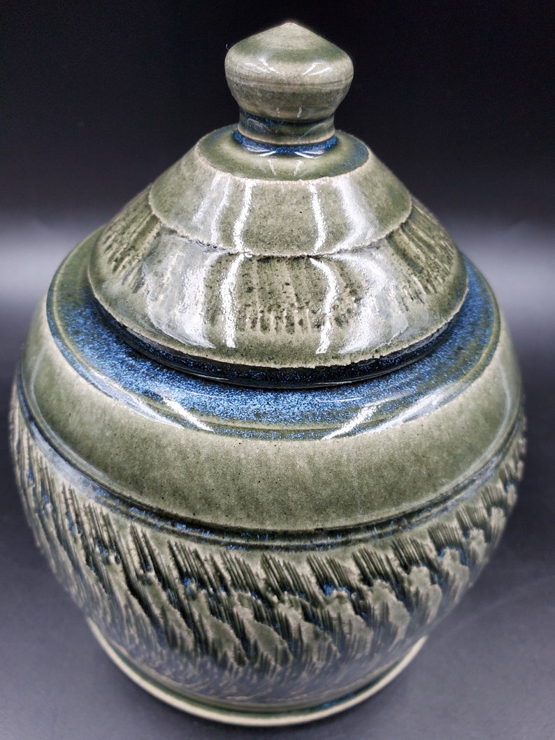 Lidded Pottery Jar, Beautiful Glossy Green Glazed Vessel With Blue ...