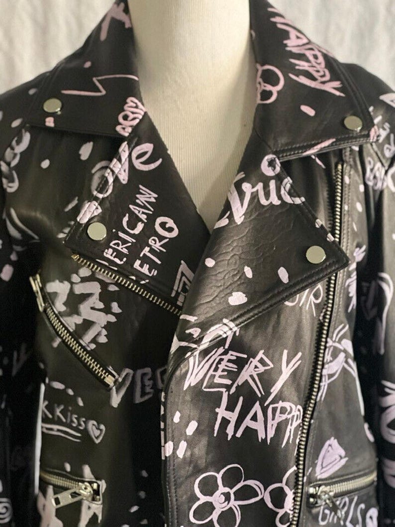 Black Leather Motorcycle Jacket W Graffiti Size M American Retro Brand ...