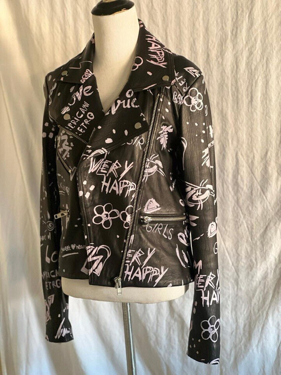 Black Leather Motorcycle Jacket W Graffiti Size M American Retro Brand ...