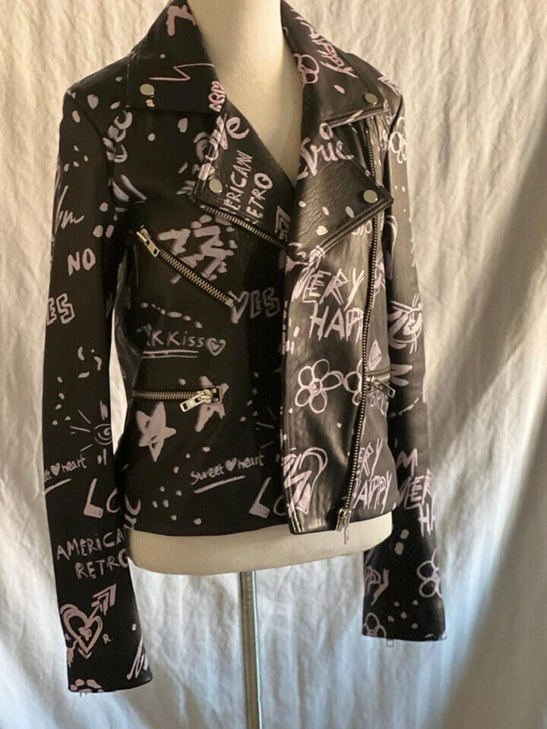 Black Leather Motorcycle Jacket W Graffiti Size M American Retro Brand ...