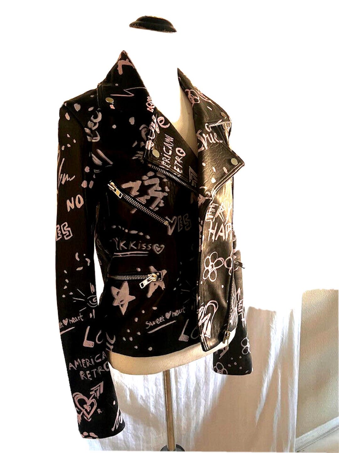 Black Leather Motorcycle Jacket W Graffiti Size M American Retro Brand ...