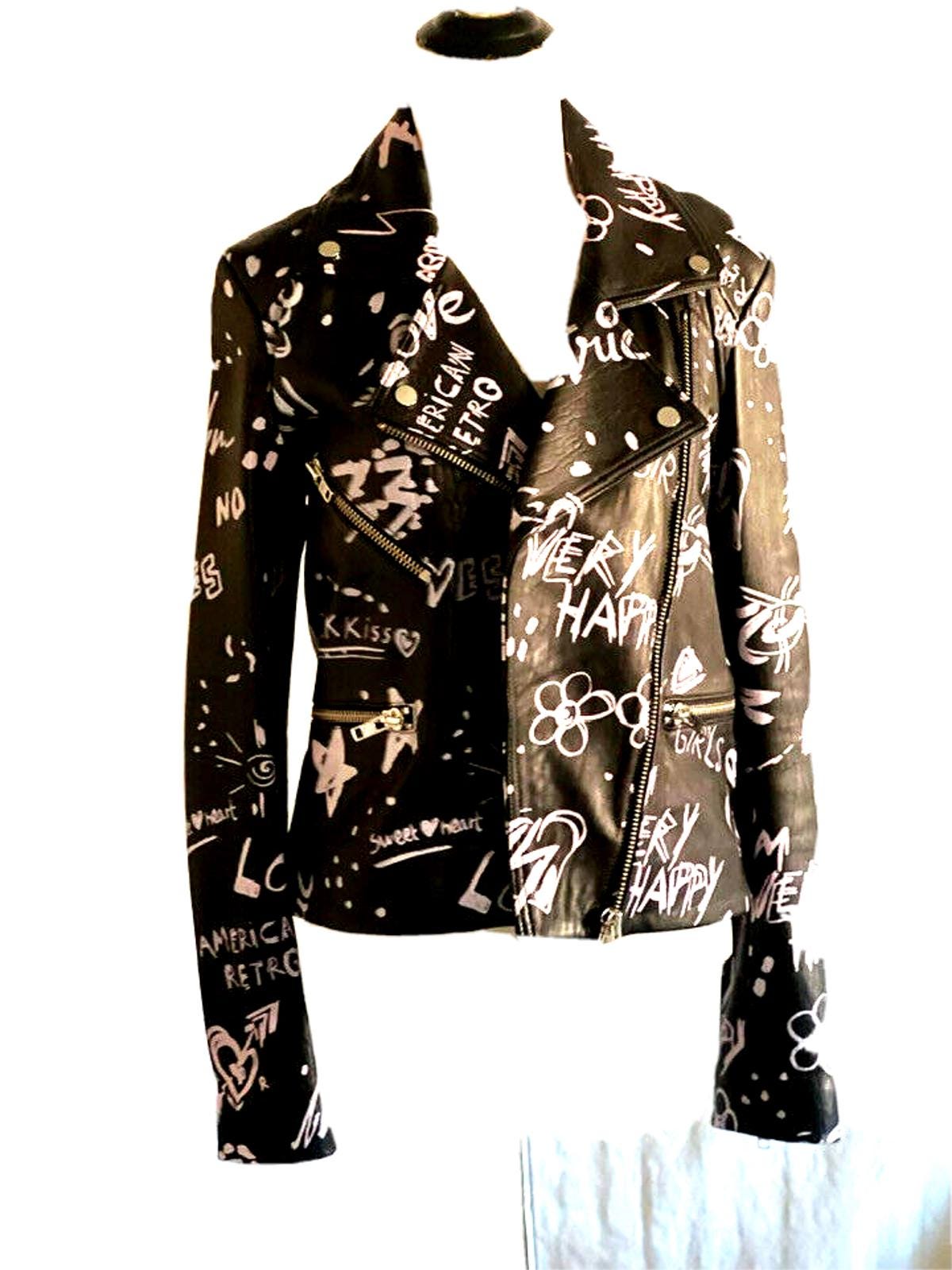 Black Leather Motorcycle Jacket W Graffiti Size M American Retro Brand ...