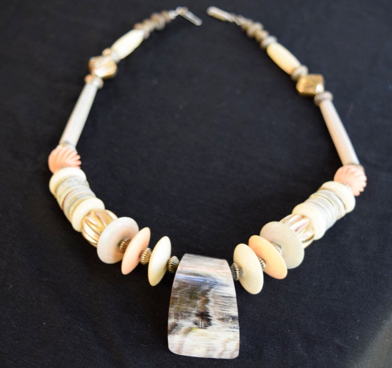 Shell and Bone Necklace. Tribal Art Work Necklace. With Large Bone ...