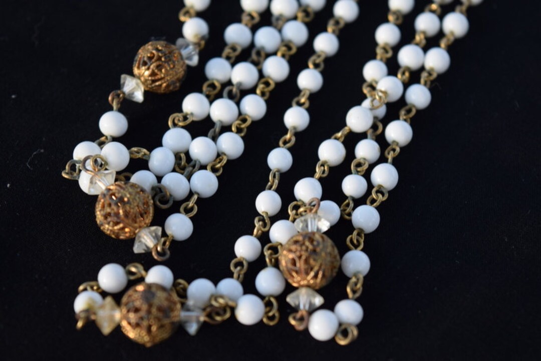 Opera Length White Beaded Necklace With Brass Filigree Accents. Long ...