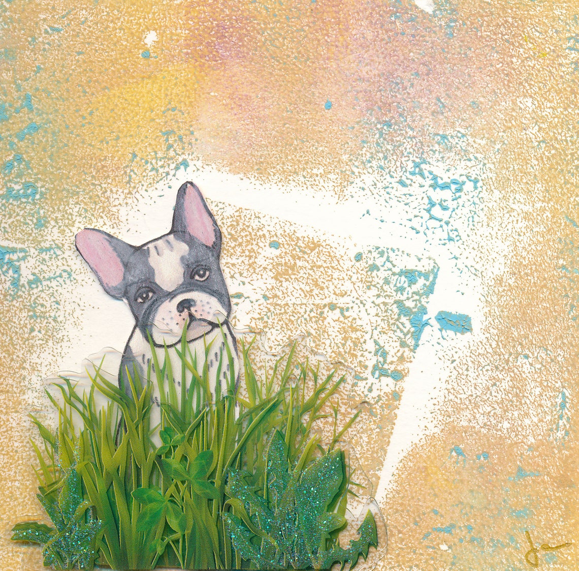 Frenchie in Grass French Bulldog Mixed Media Painting - Etsy