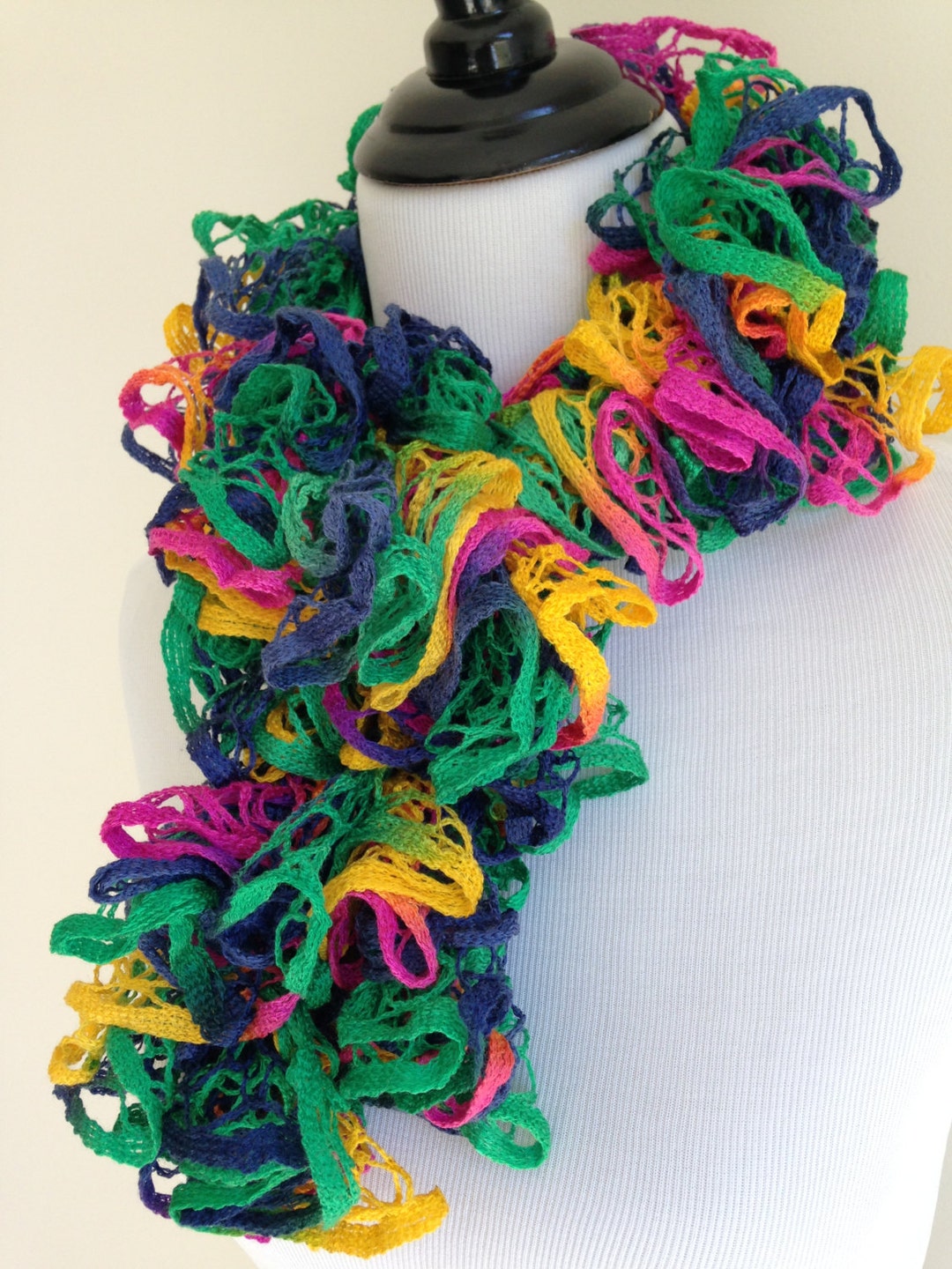 Hand Knit Ruffle Spiral Scarf in Green, Yellow, Pink, and Blue - Etsy