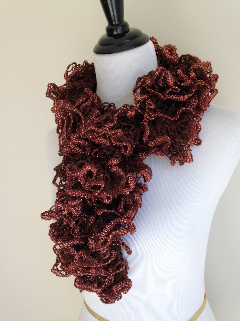Hand Knit Ruffle Spiral Scarf in Copper Brown With Copper Metallic ...
