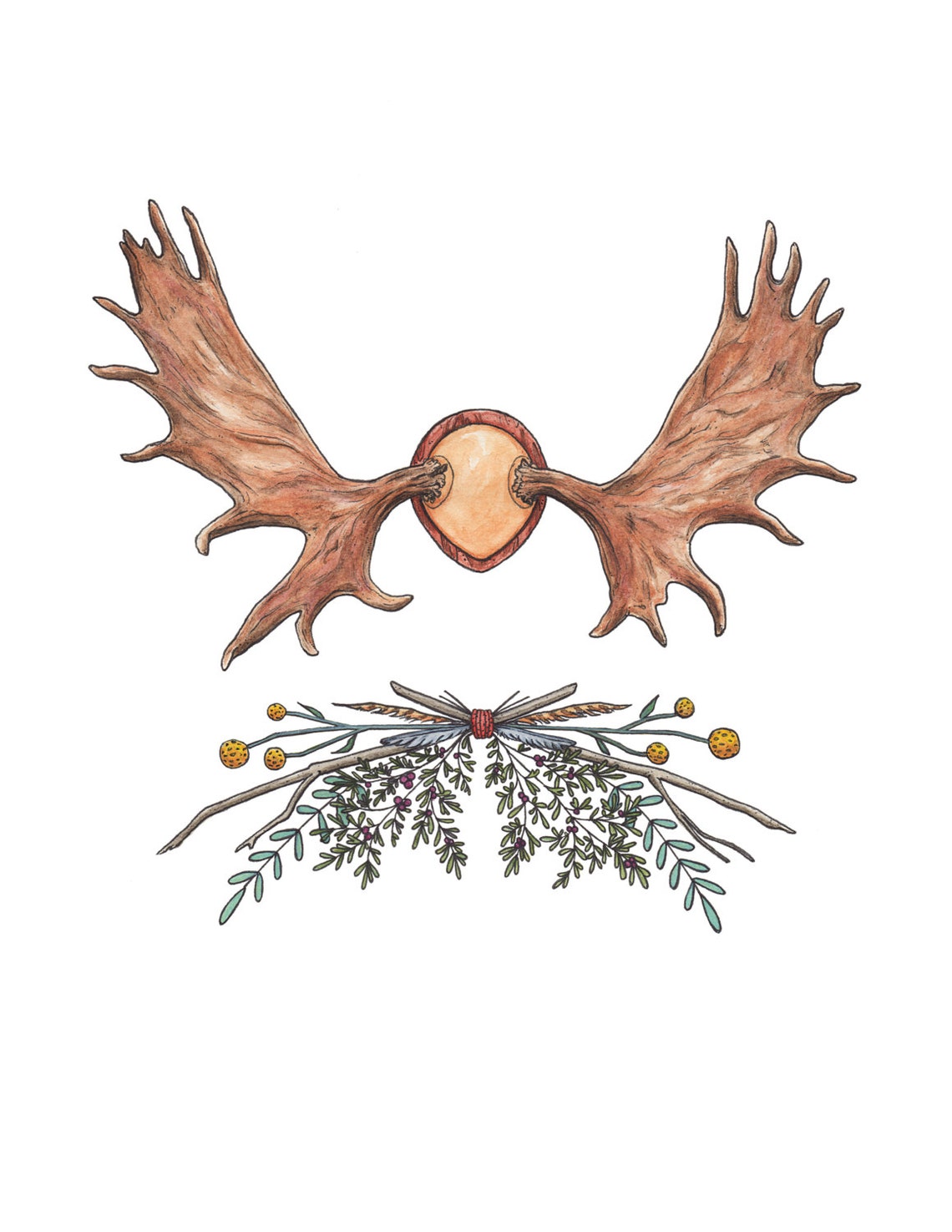 Moose Antlers With Floral Bouquet and Feathers . Giclee Print of ...