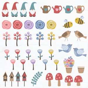Spring Garden Clipart Set – Gnomes, Birds, and Flowers (digital ...