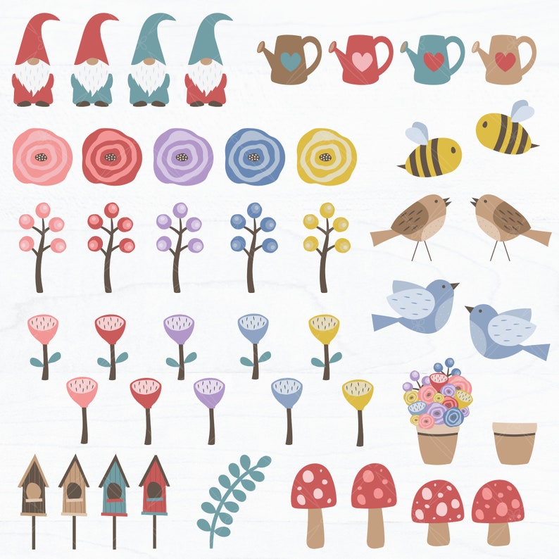 Spring Garden Clipart Set – Gnomes, Birds, and Flowers (digital ...