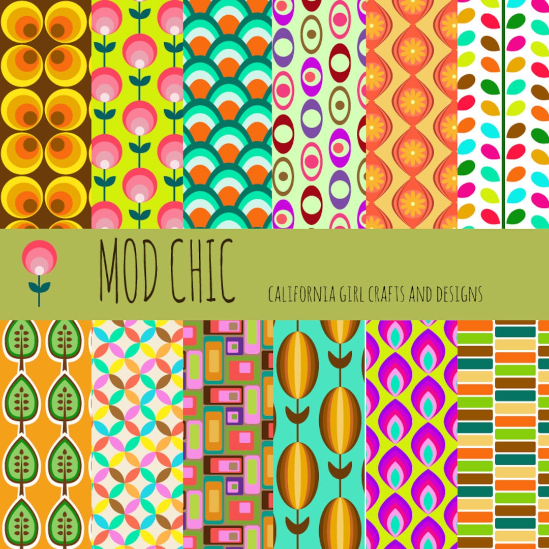 Mod Chic Digital Paper - Vibrant Colorful Mod Retro Boho Mid-century 12 ...