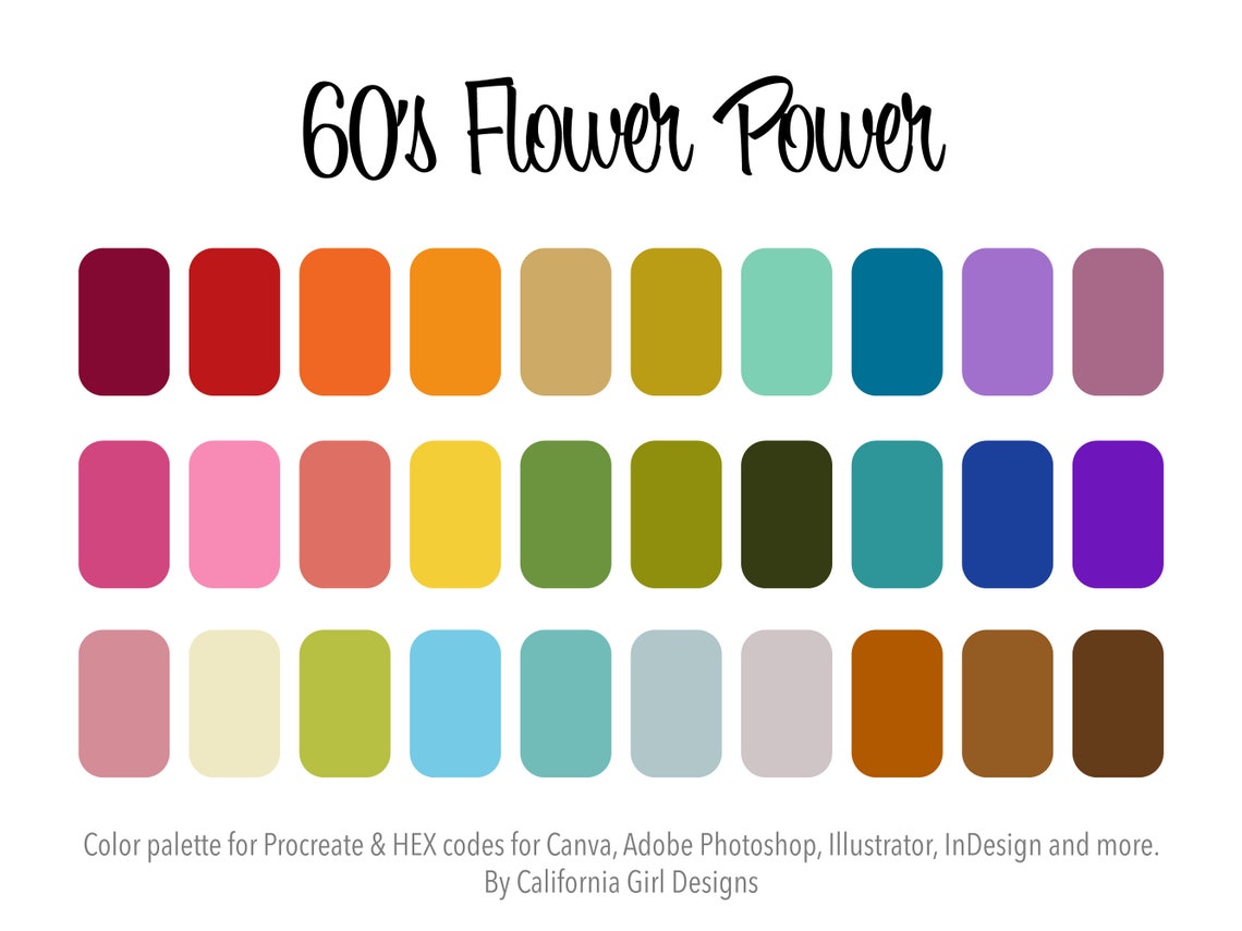 60s Flower Power Color Palette, Procreate and HEX Codes (digital ...
